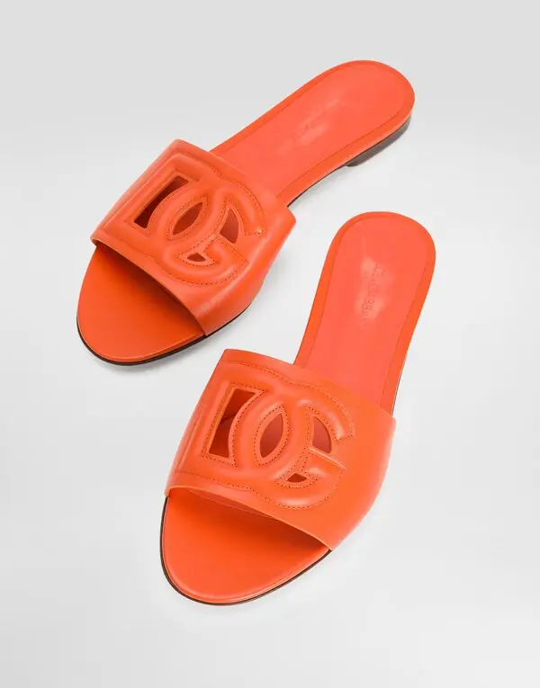 Dolce & Gabbana Calfskin Sliders With Dg Millennials Logo - Orange