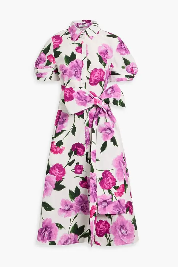 Erdem Belted Floral-print Cotton-faille Midi Shirt Dress - Magenta