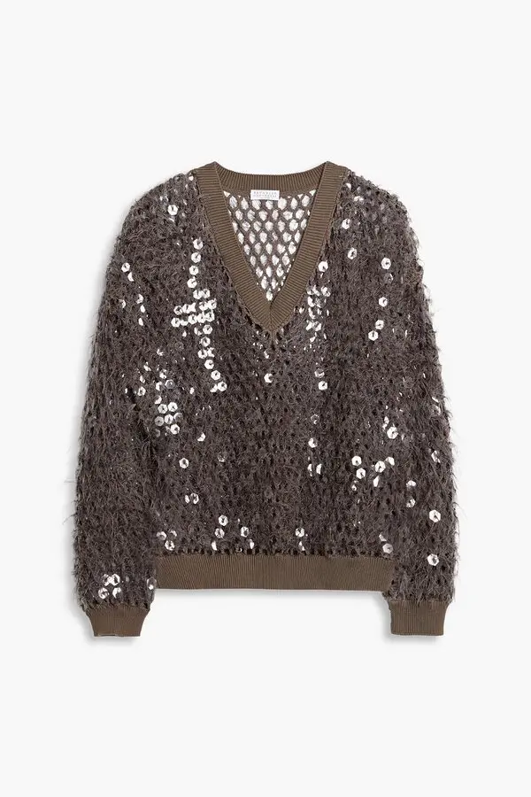 Brunello Cucinelli Frayed Sequin-embellished Open-knit Cotton Sweater - Chocolate