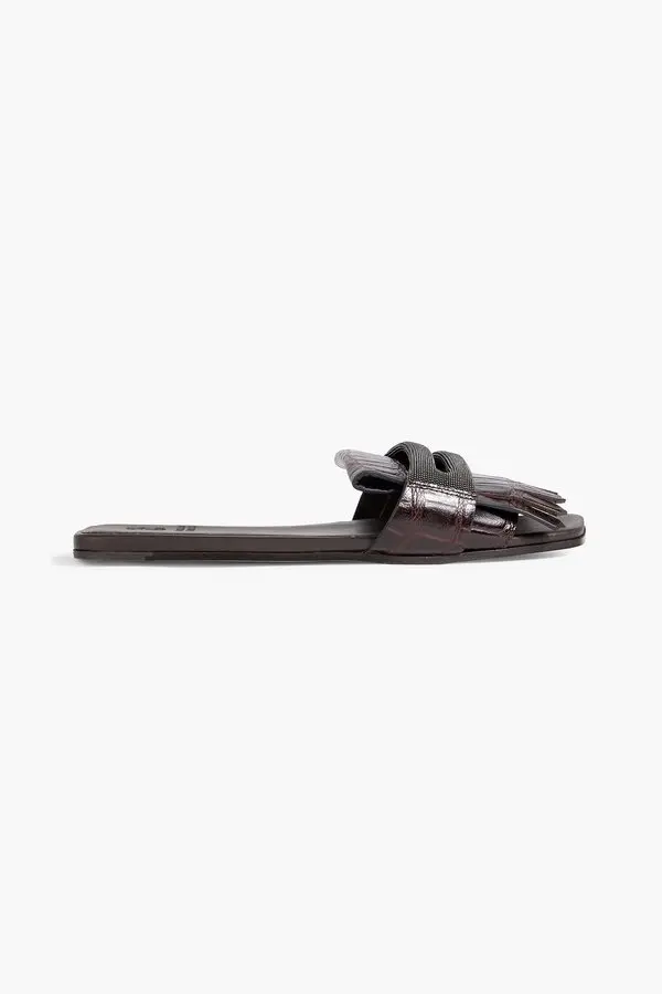 Brunello Cucinelli Bead-embellished Croc-effect Leather Slides With Fringes - Dark Brown