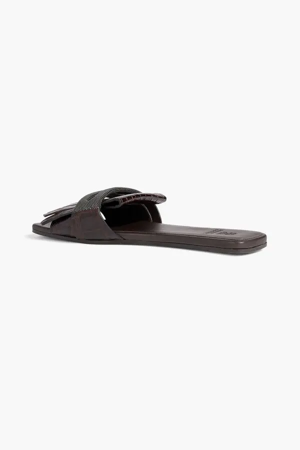 Brunello Cucinelli Bead-embellished Croc-effect Leather Slides With Fringes - Dark Brown