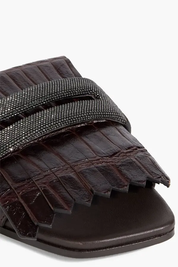 Brunello Cucinelli Bead-embellished Croc-effect Leather Slides With Fringes - Dark Brown