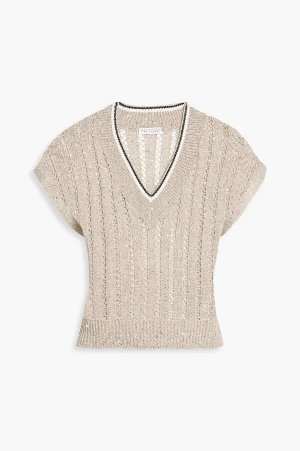 Brunello Cucinelli Sequin-embellished Open-knit Linen-blend Top - Beige
