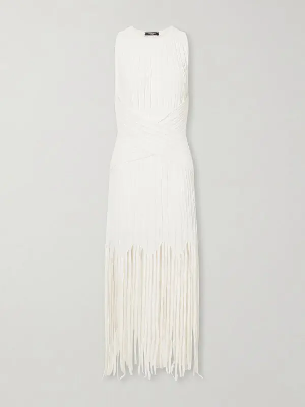 Balmain Fringed Pointelle-knit Midi Dress