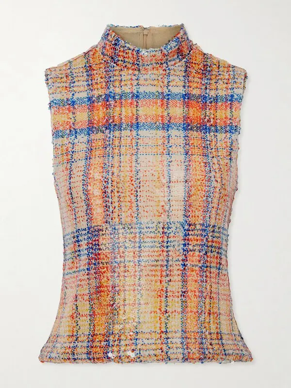 Brandon Maxwell Piper Checked Sequined Mesh Turtleneck Top