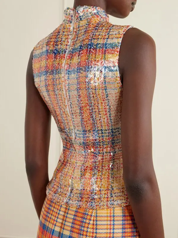 Brandon Maxwell Piper Checked Sequined Mesh Turtleneck Top