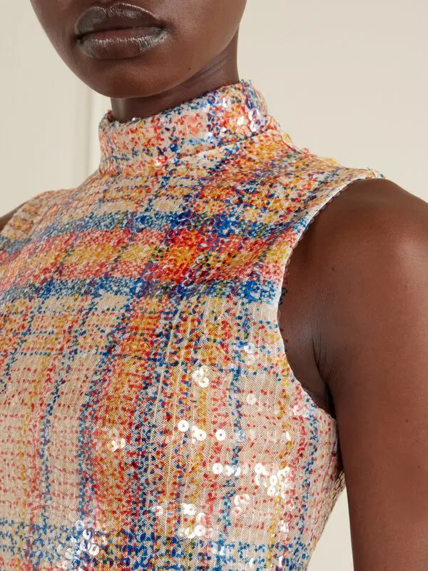 Brandon Maxwell Piper Checked Sequined Mesh Turtleneck Top