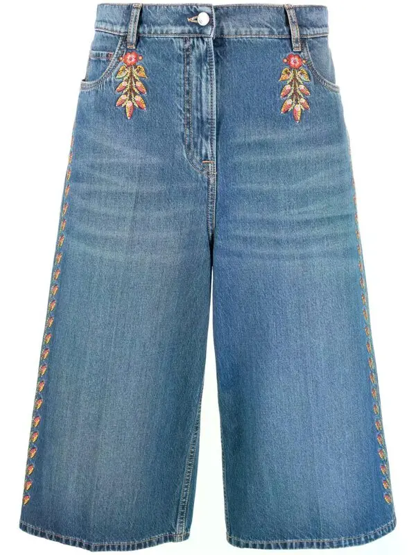 Etro Floral-embroidered Wide-leg Denim Culottes