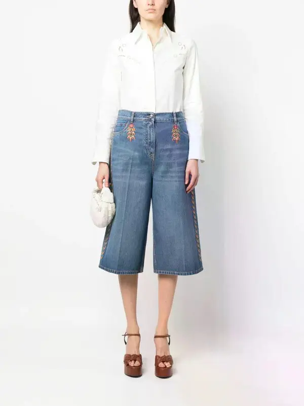 Etro Floral-embroidered Wide-leg Denim Culottes