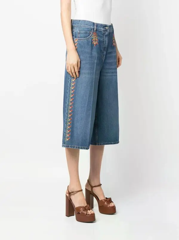 Etro Floral-embroidered Wide-leg Denim Culottes