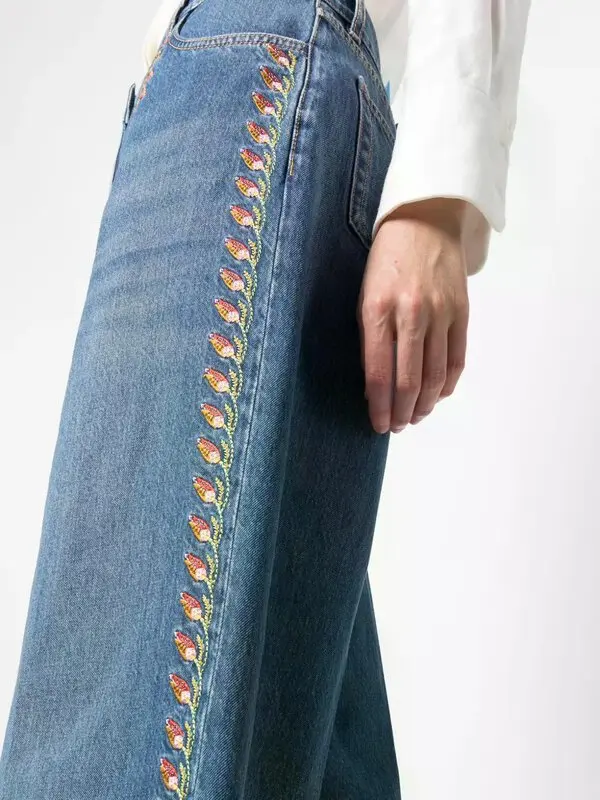Etro Floral-embroidered Wide-leg Denim Culottes