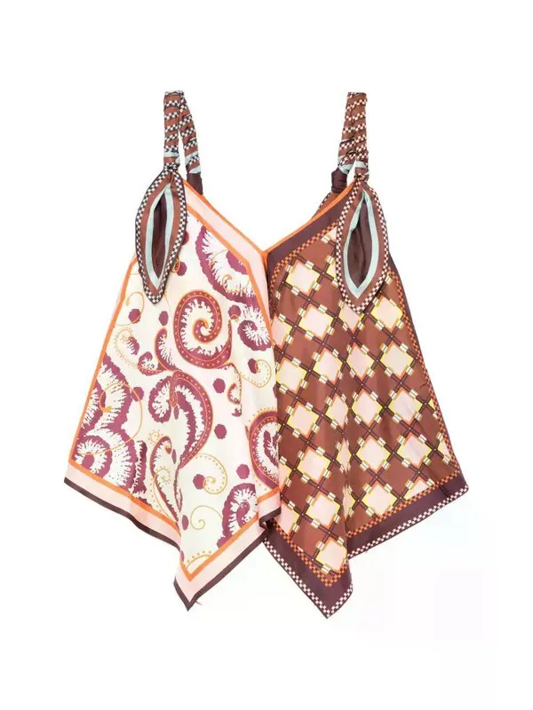ALEMAIS Mixed-print Handkerchief-hem V-neck Top - Brown