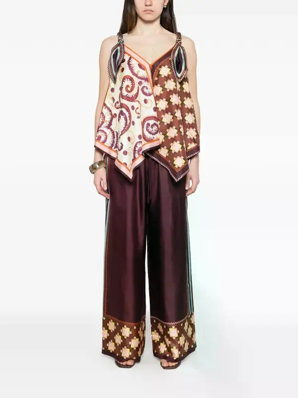 ALEMAIS Mixed-print Handkerchief-hem V-neck Top - Brown