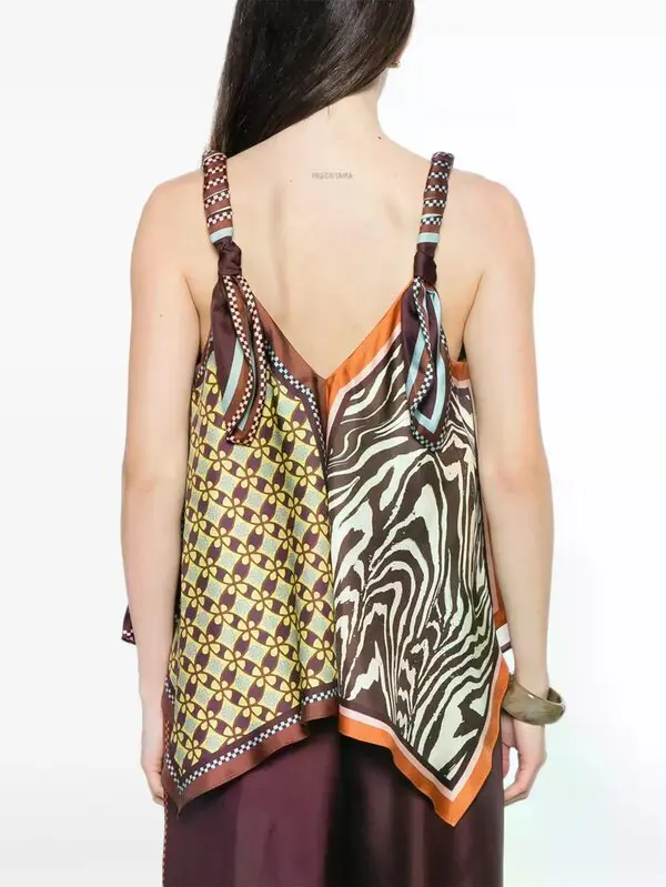 ALEMAIS Mixed-print Handkerchief-hem V-neck Top - Brown
