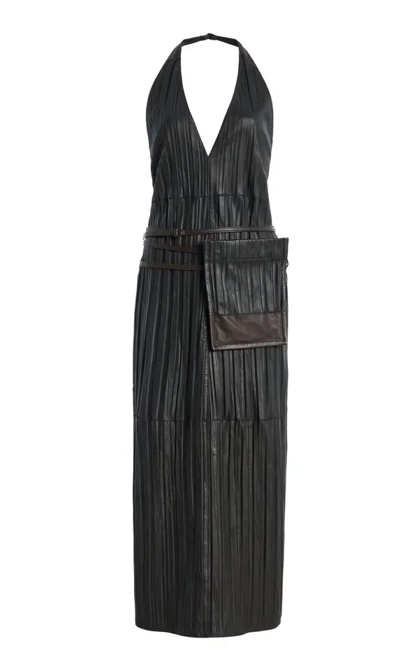 LEMAIRE Pleated Leather Apron Midi Dress - Brown