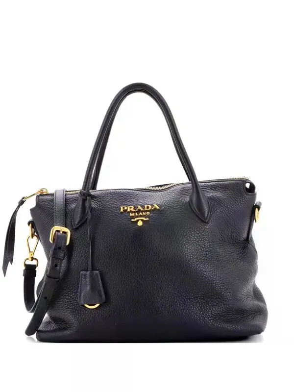 Prada Dual Strap Zip Tote Vitello Daino Medium Satchel - Black