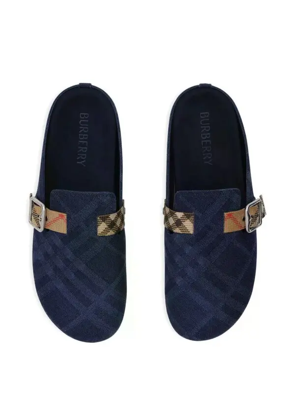 Burberry Embossed Check Denim Clogs With Buckle Strap - Blue
