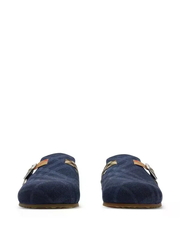 Burberry Embossed Check Denim Clogs With Buckle Strap - Blue