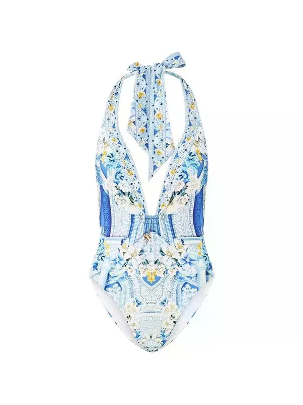 Camilla Printed Halterneck One Piece Swimsuit - Blue