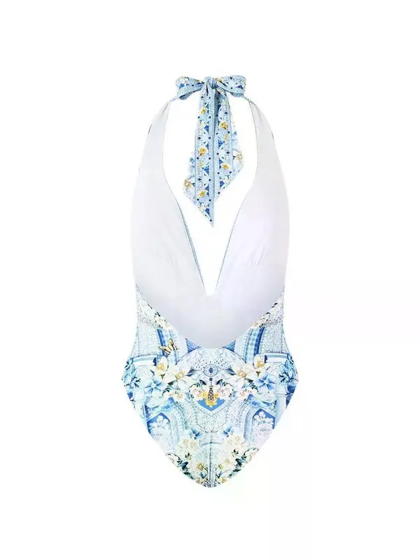 Camilla Printed Halterneck One Piece Swimsuit - Blue
