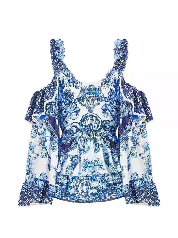 Camilla Ruffled Cold Shoulder Blouse With All-over Pattern