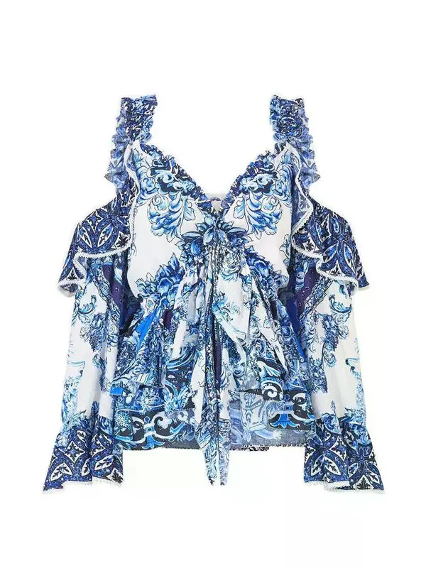 Camilla Ruffled Cold Shoulder Blouse With All-over Pattern