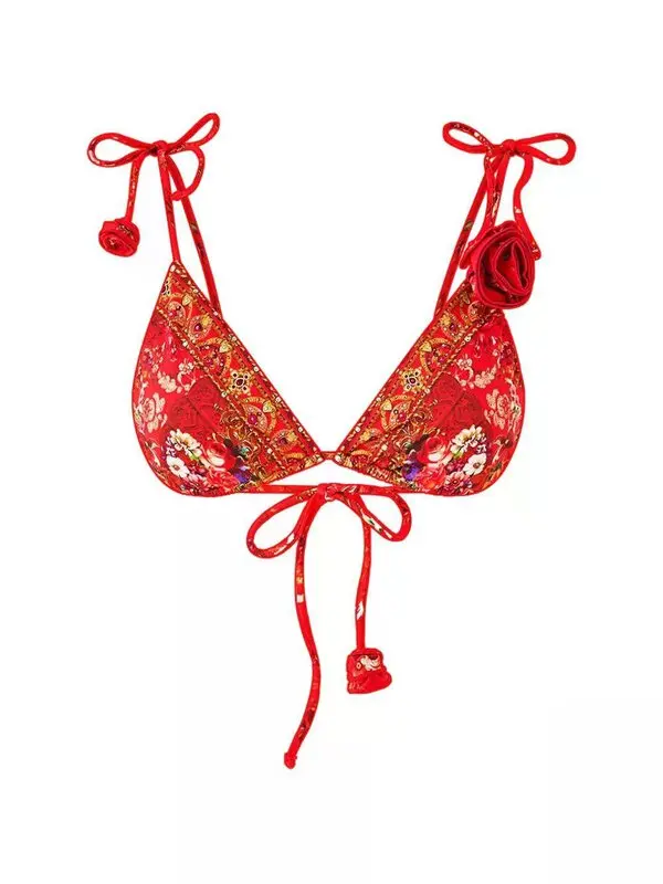 Camilla Tie Shoulder Rosette Bikini Top - Red