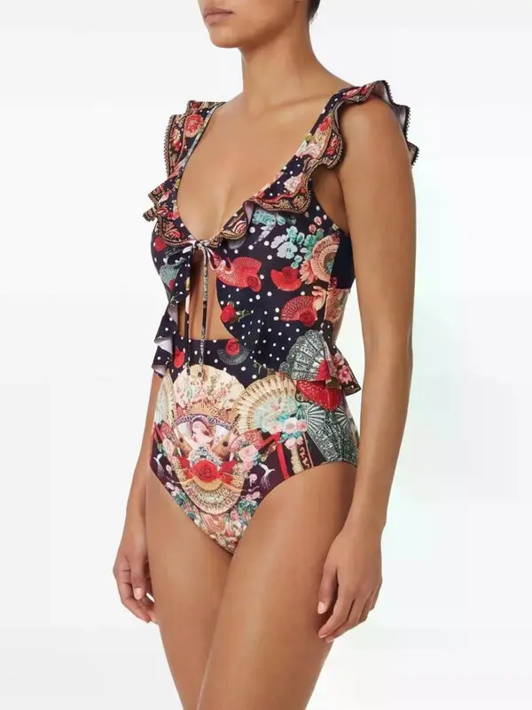 Camilla Bodysuit With Ruffled Straps And V-neck