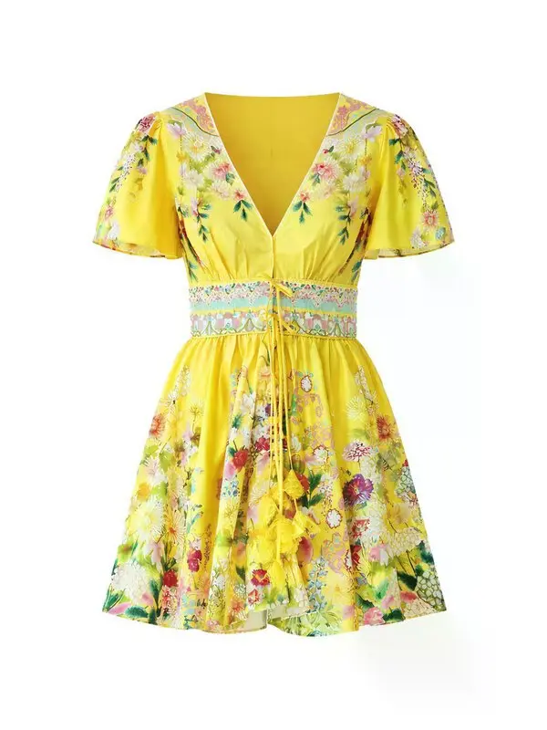 Camilla Lady Limonada V-neck Mini Dress - Yellow