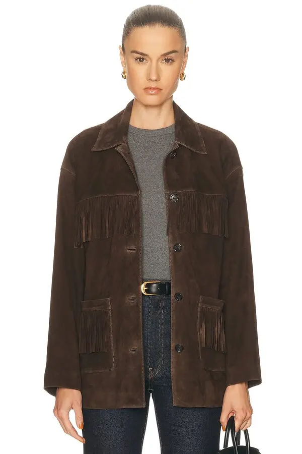 NILI LOTAN Foudre Fringe Suede Jacket - Dark Brown