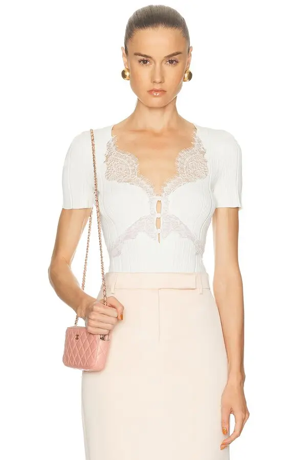 SELF-PORTRAIT Lace Trim Knit Top - White