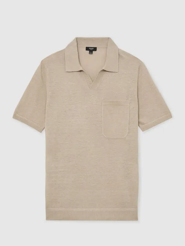 REISS Fairmont Linen Open-collar Knit Polo Shirt - Beige