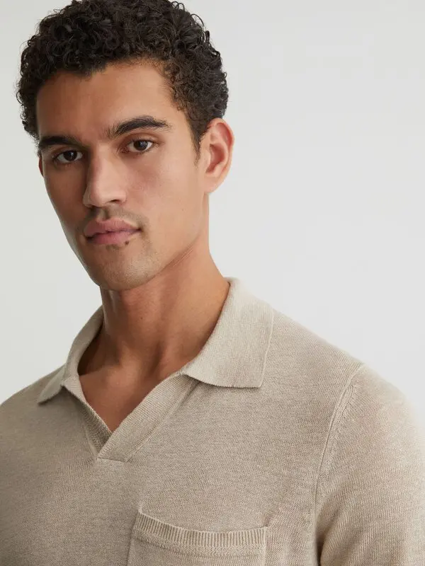REISS Fairmont Linen Open-collar Knit Polo Shirt - Beige