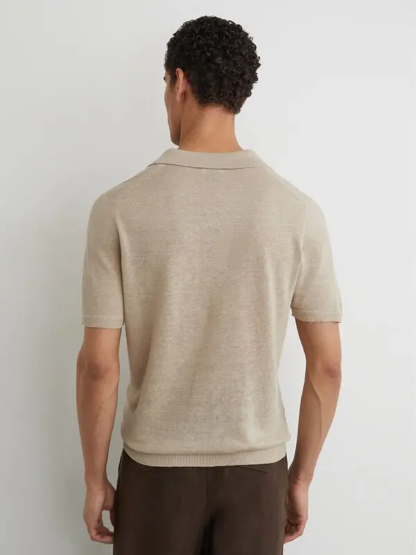 REISS Fairmont Linen Open-collar Knit Polo Shirt - Beige