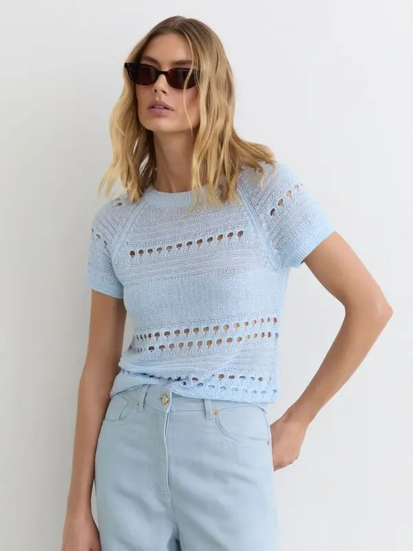 REISS Chloe Linen Textured-knit Top - Light Blue