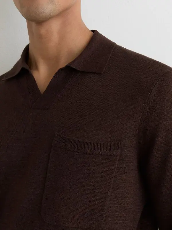 REISS Oaklands Linen Open-collar Regular-fit Polo Shirt - Chocolate Brown