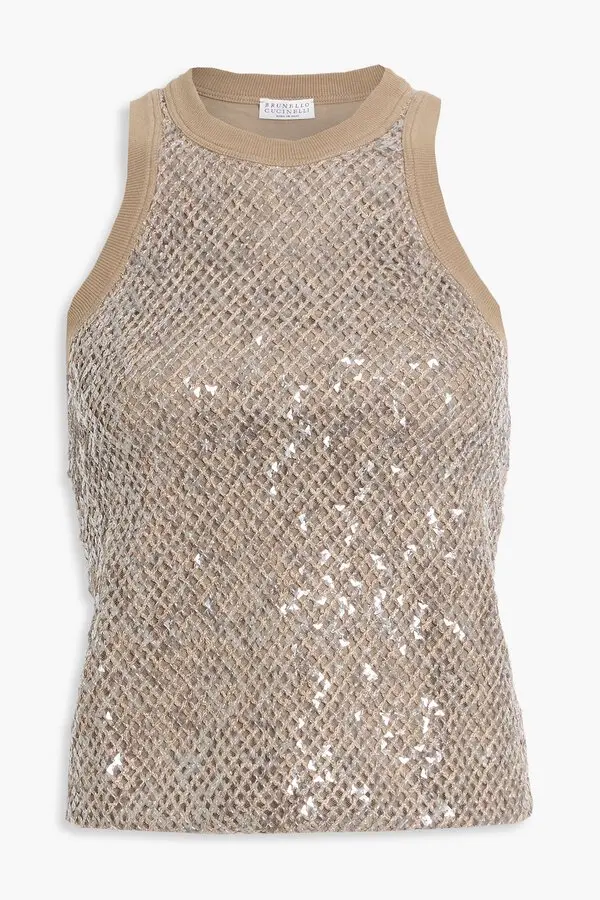 Brunello Cucinelli Sequin-embellished Cotton-blend Jersey Tank - Taupe