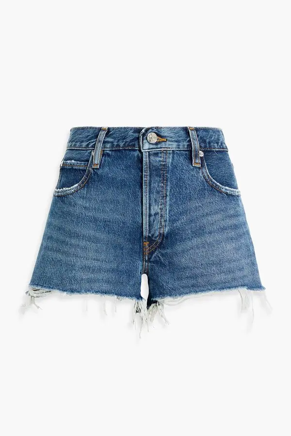 FRAME The Hang Frayed Denim Shorts - Mid Denim