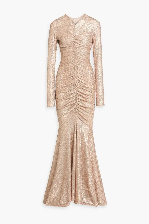 Norma Kamali Ruched Sequined Stretch-mesh Gown