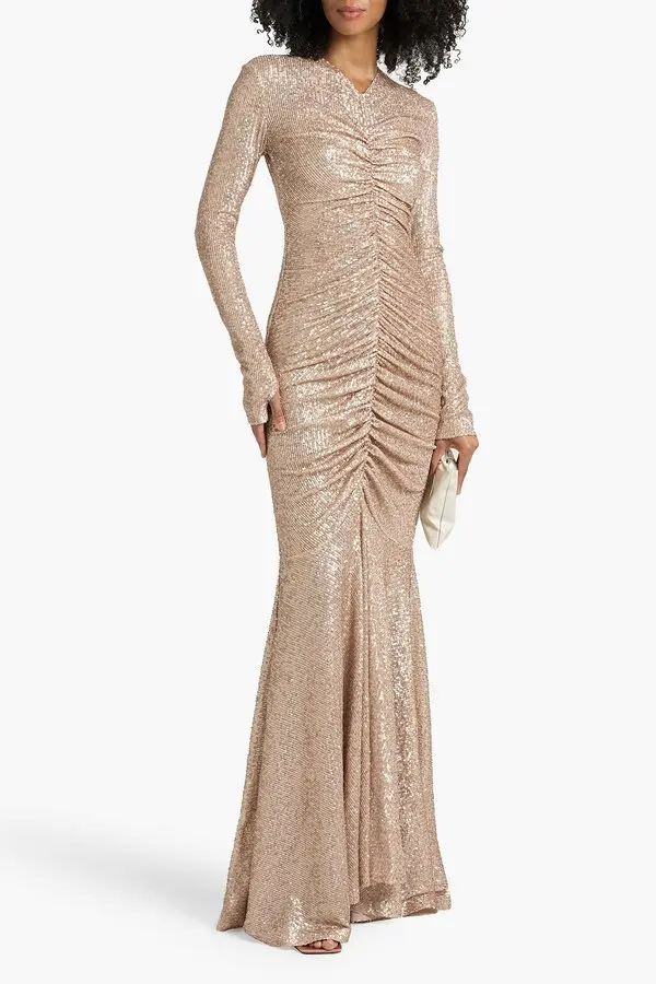 Norma Kamali Ruched Sequined Stretch-mesh Gown