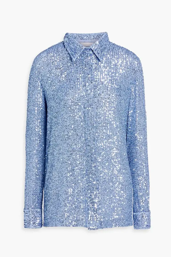 Naeem Khan Sequined Stretch-tulle Shirt - Light Blue