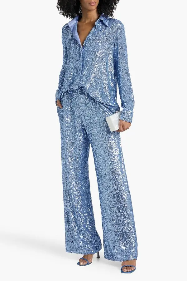 Naeem Khan Sequined Stretch-tulle Shirt - Light Blue