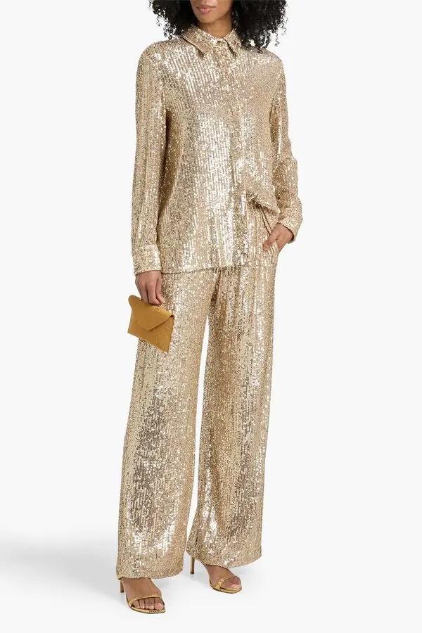 Naeem Khan Sequined Stretch-tulle Wide-leg Pants - Gold