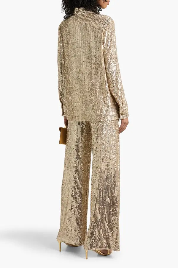 Naeem Khan Sequined Stretch-tulle Wide-leg Pants - Gold