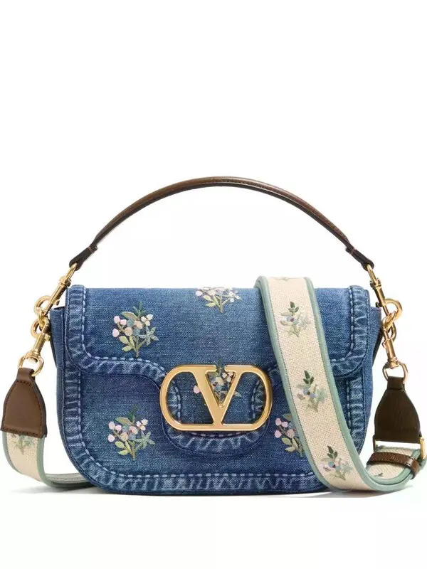 Valentino Garavani Alltime Medium Shoulder Bag In Embroidered Denim - Blue
