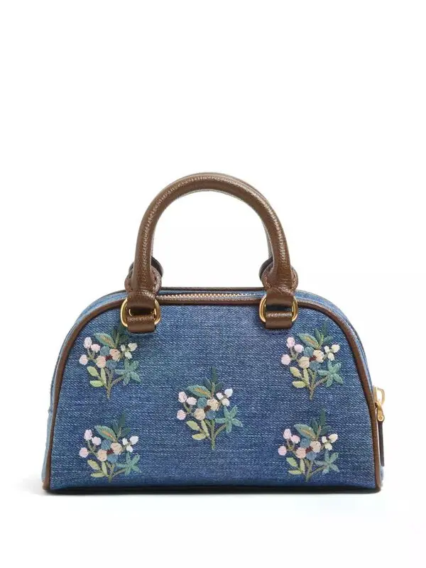 Valentino Garavani Vlogo Signature Mini Top-handle Bag With Floral Embroidery In Denim - Blue