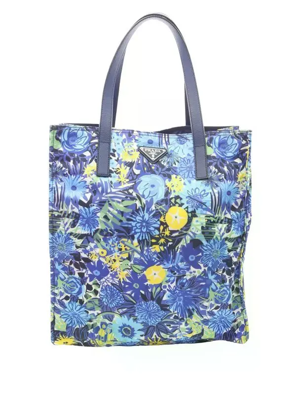 Prada 2013-2026 Tessuto Stampato Flower Tote Bag - Blue