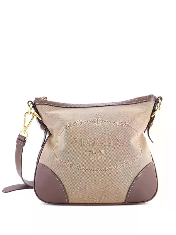 Prada Logo Messenger Bag Canvas With Leather Medium Crossbody Bag - Brown