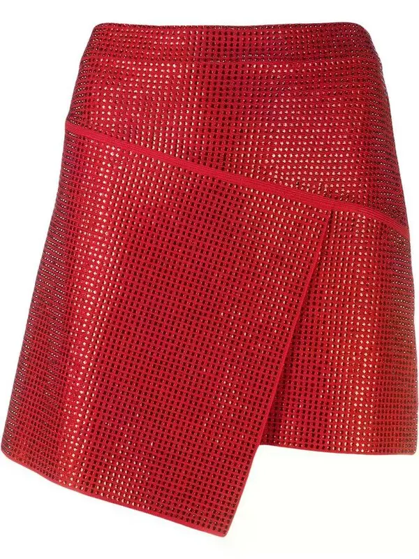 ANDREĀDAMO Asymmetrical Crystal-studded Wrap Skirt - Red