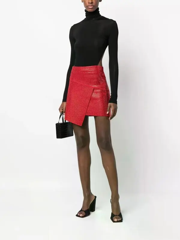 ANDREĀDAMO Asymmetrical Crystal-studded Wrap Skirt - Red